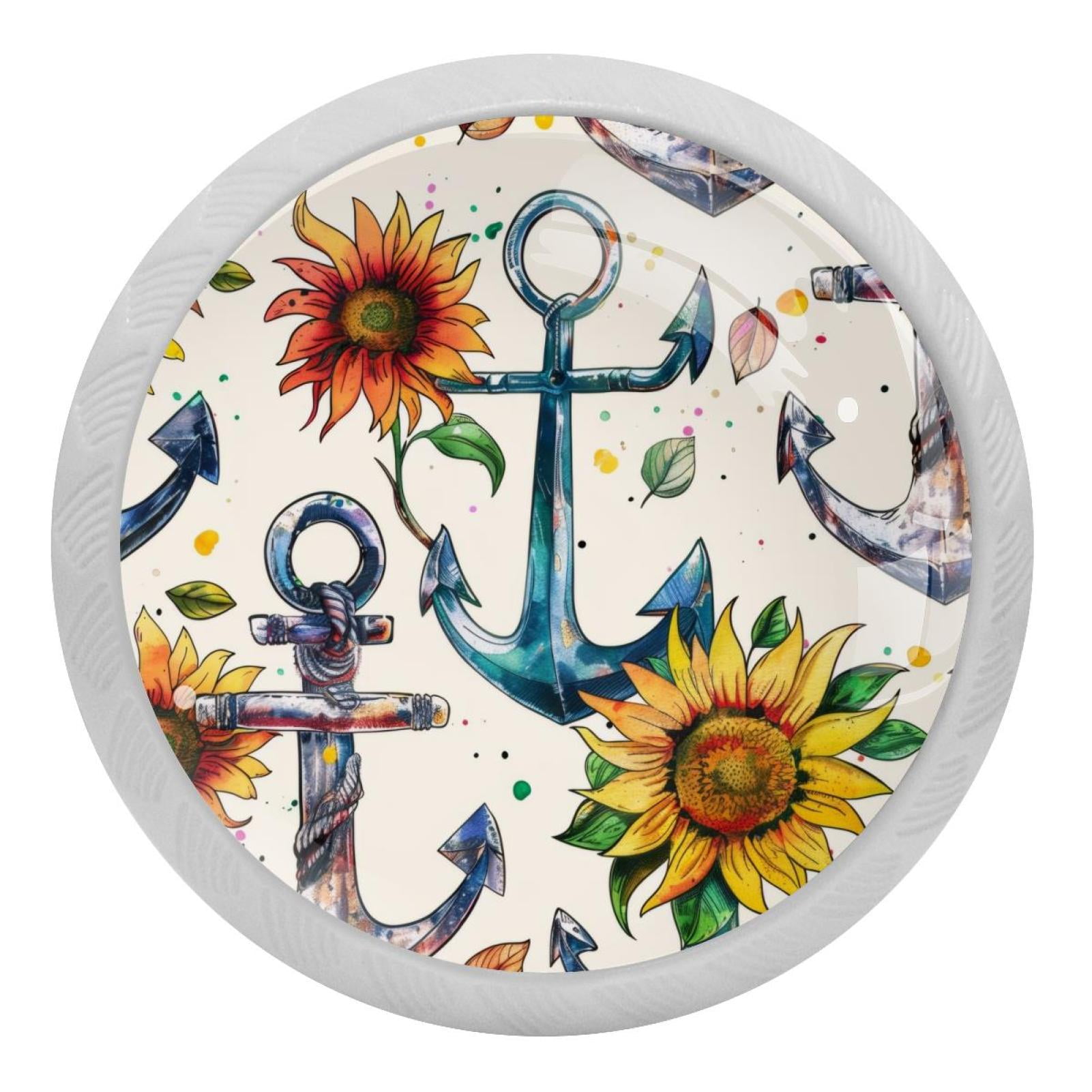 PhooArto Anchors Sunflowers Pattern 4 PCS Crystal Glass Cabinet Knobs ...