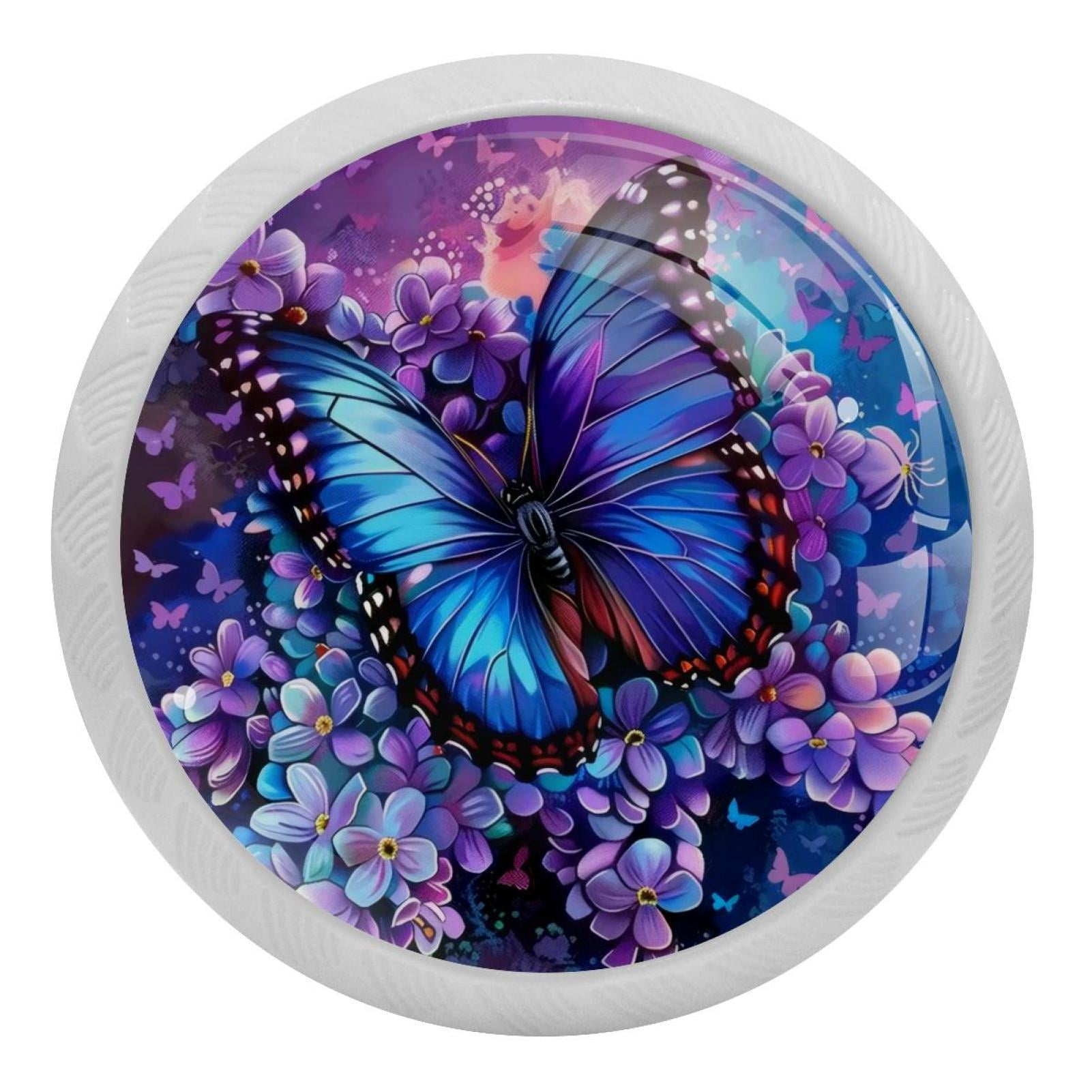 PhooArto Blue Butterfly Flowers 4 PCS Crystal Glass Cabinet Knobs, Drawer Kitchen Cabinets ...