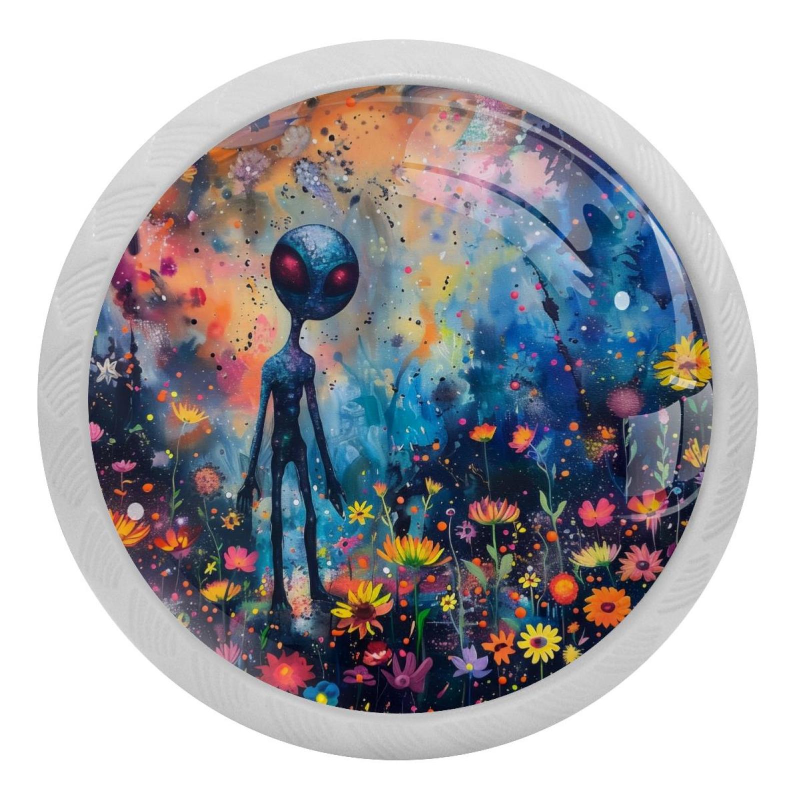 PhooArto Blue Galaxy Alien Colorful Floral 4 PCS Crystal Glass Cabinet ...