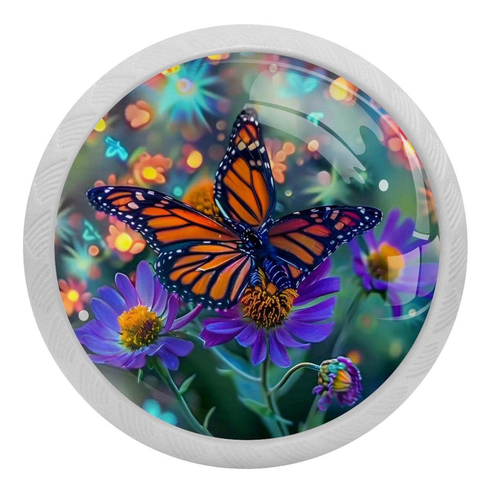 PhooArto Butterfly Purple Flowers 4 PCS Crystal Glass Cabinet Knobs ...