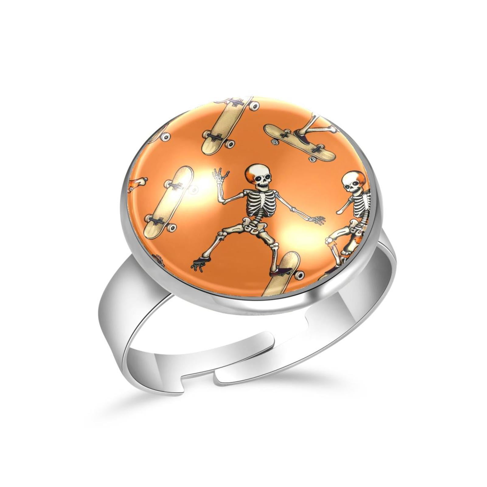 PhooArto Cartoon Skeleton Skateboard Pattern Stainless Steel Rings for Women, Open Adjustable ...