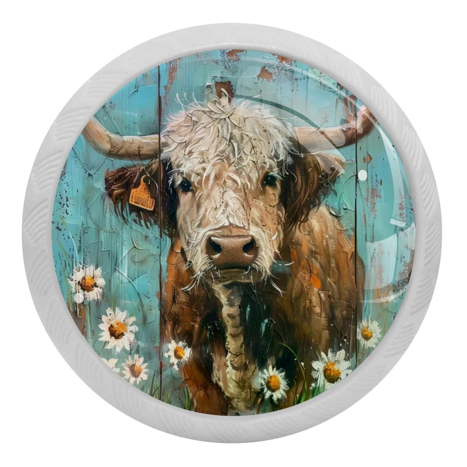 PhooArto Cattle Rustic Highland Cow Teal Daisy 4 PCS Crystal Glass ...