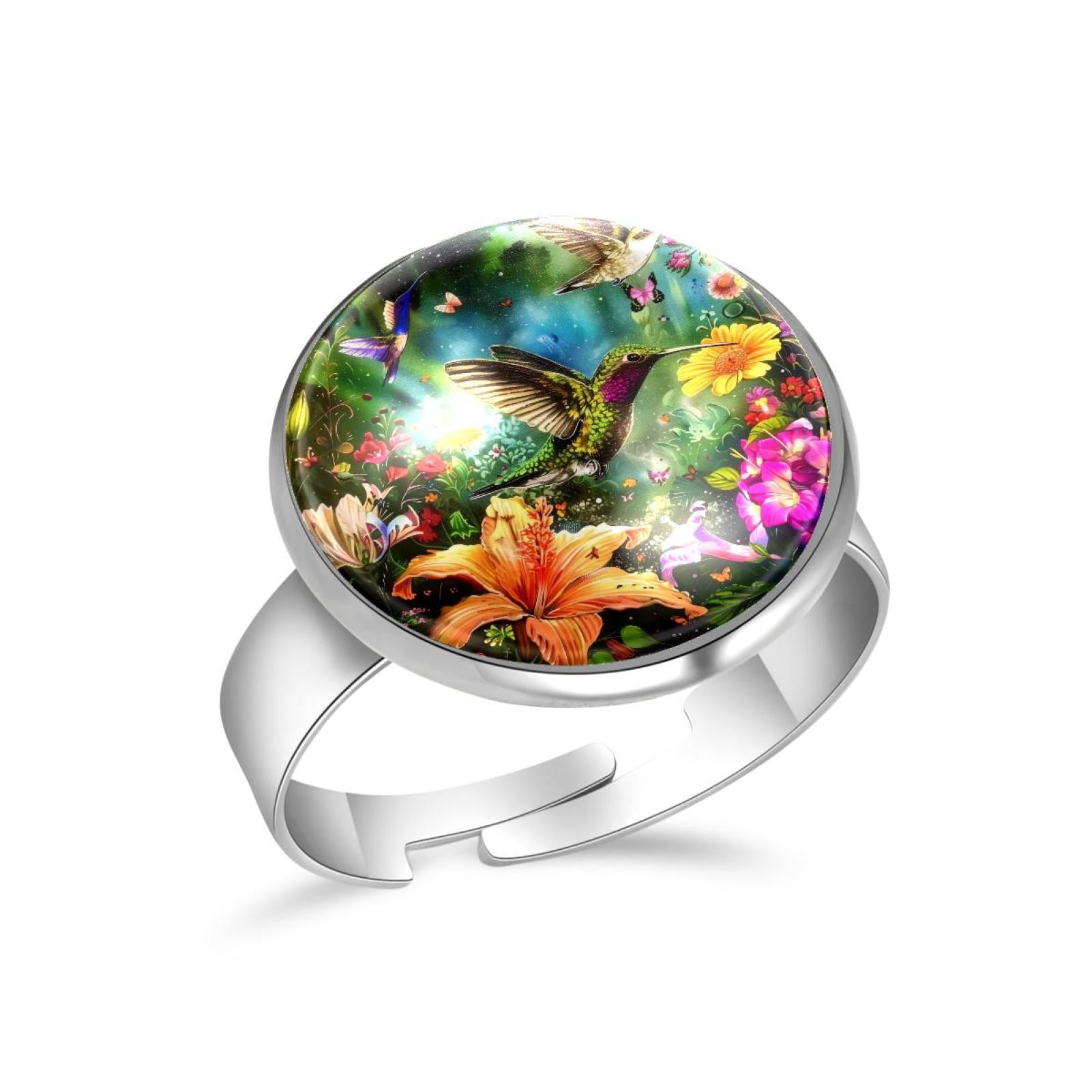 PhooArto Color Hummingbird Flower Painting Stainless Steel Rings for ...