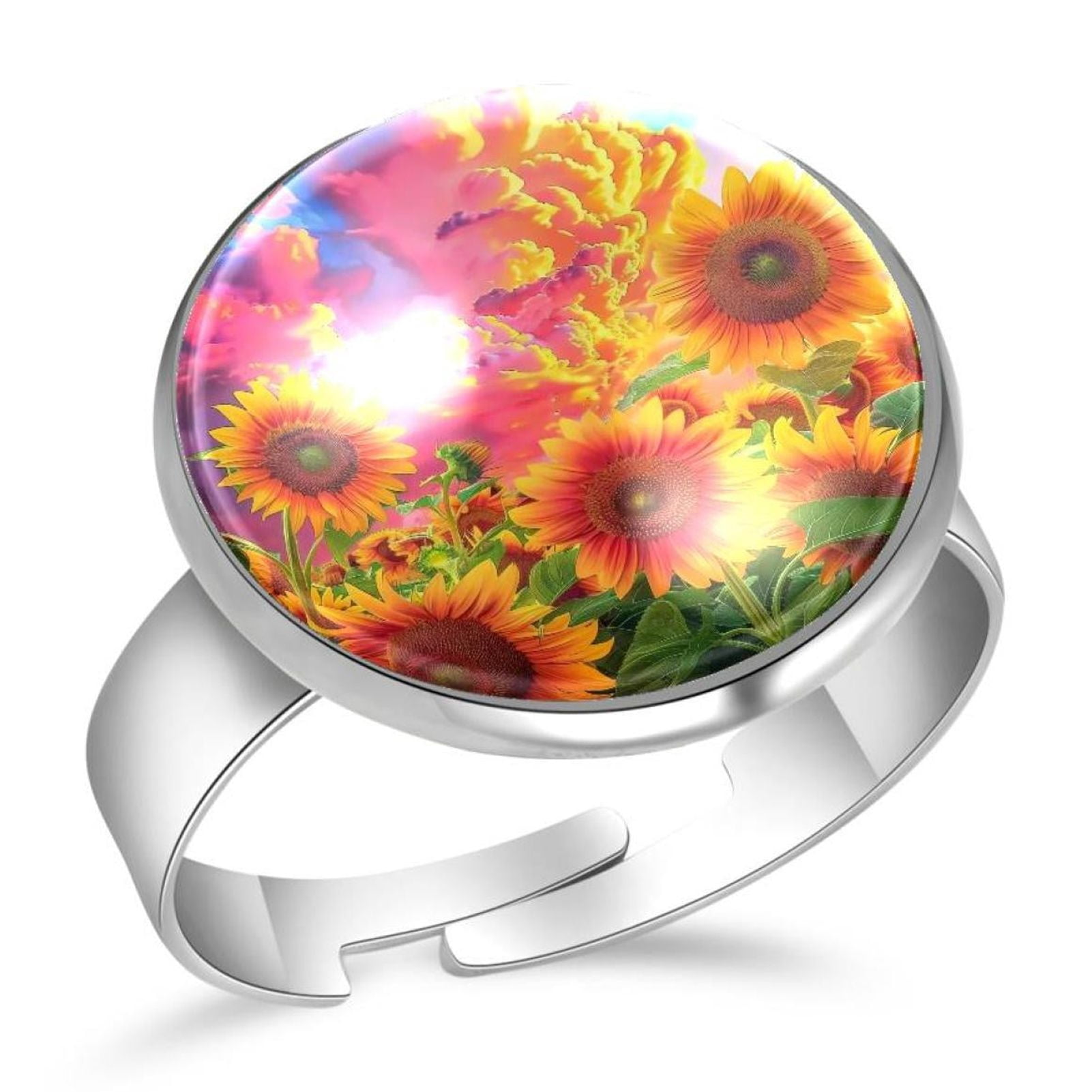 PhooArto Colorful Cloud Sunflowers Stainless Steel Rings for Women, Open Adjustable Ring Promise ...