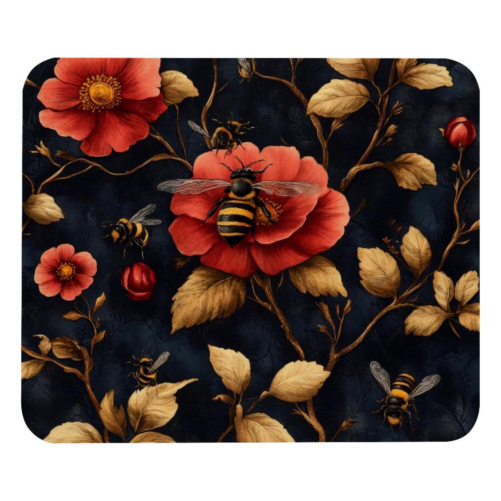 PhooArto Comfortable Mouse Pad Red Floral Bees Pattern Desktop Mousepad ...