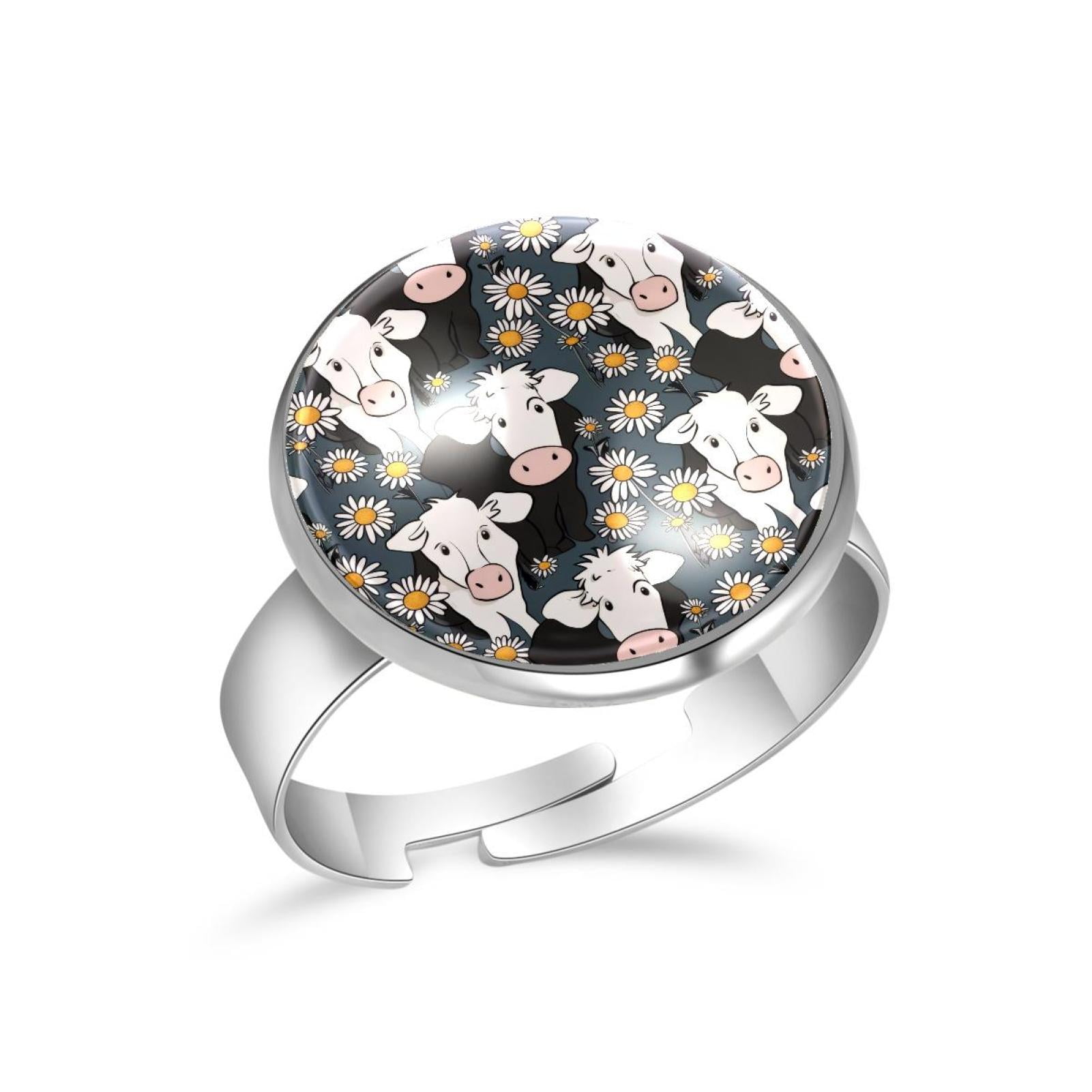 PhooArto Cows and Chamomile Pattern Stainless Steel Rings for Women ...