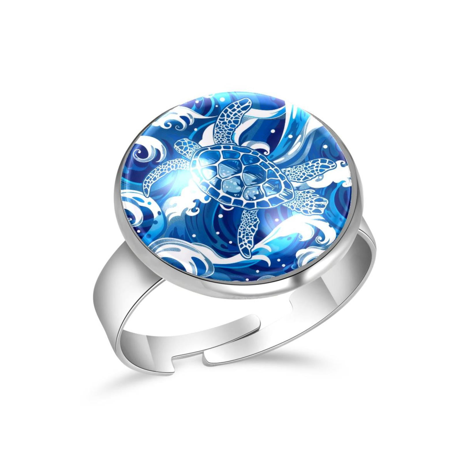 PhooArto Cute Sea Turtle Blue Wave Pattern Stainless Steel Rings for ...