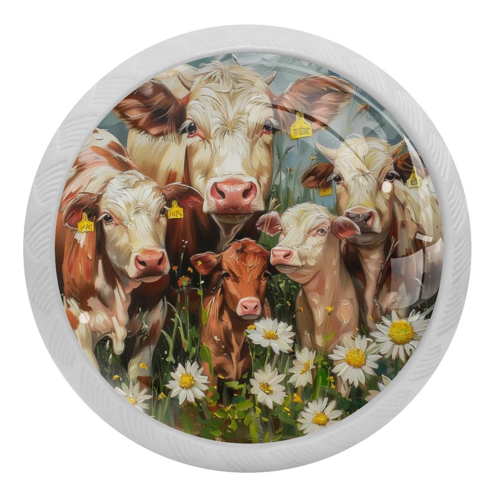 PhooArto Daisy Flowers Farm Animals Cows 4 PCS Crystal Glass Cabinet ...