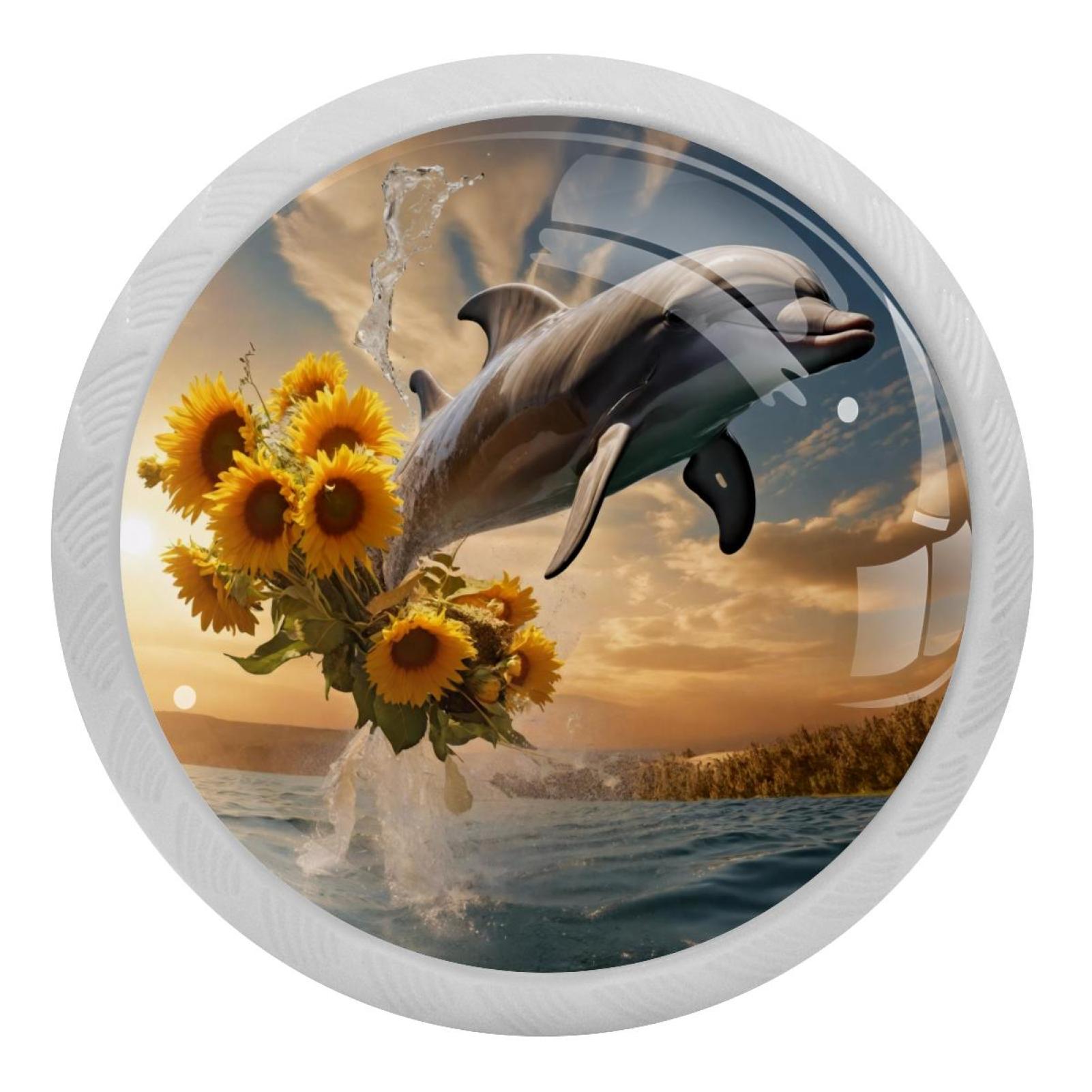 PhooArto Dolphin with Sunflowers Bouquet 4 PCS Crystal Glass Cabinet ...