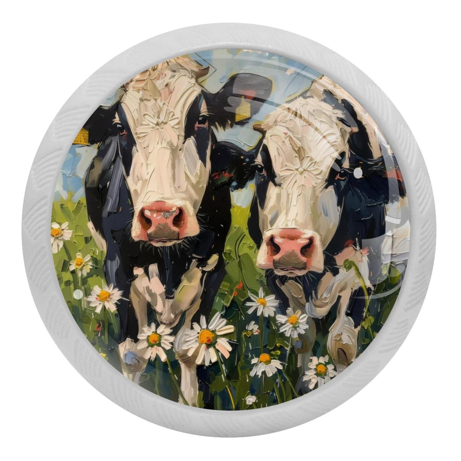 PhooArto Farm Cows Daisy Flowers Landscape 4 PCS Crystal Glass Cabinet ...