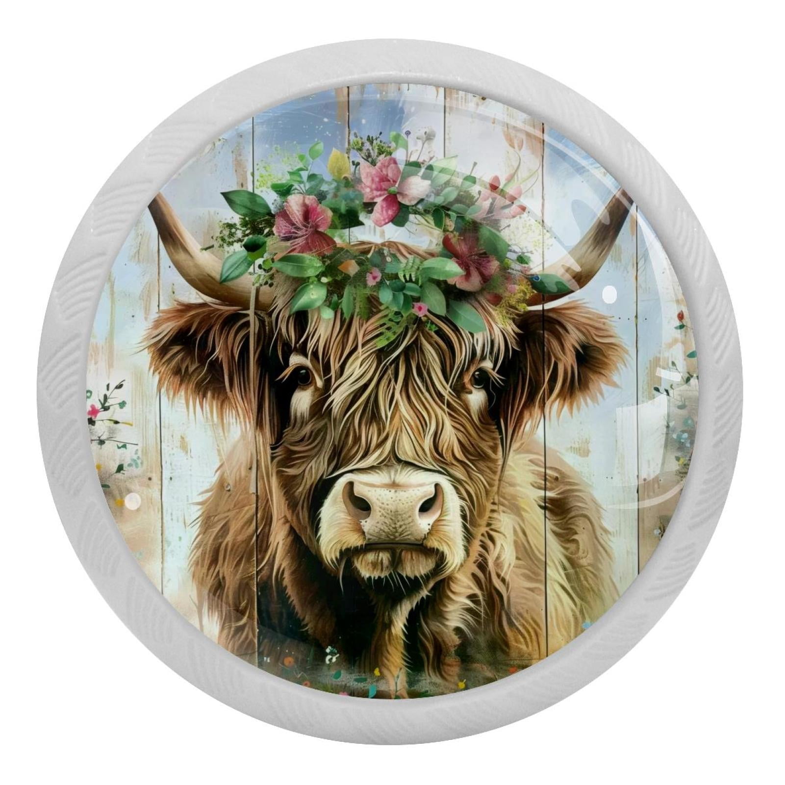 PhooArto Farm Highland Cow with Wreath 4 PCS Crystal Glass Cabinet ...