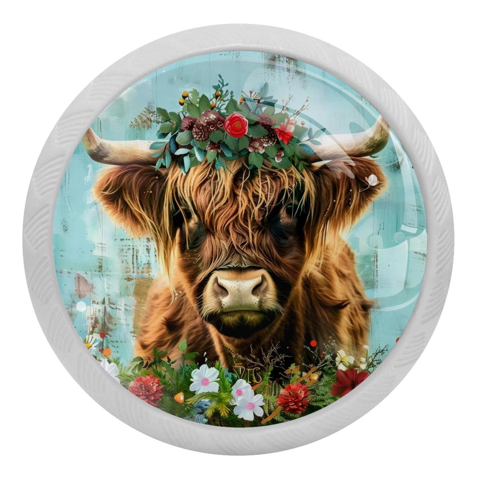 PhooArto Farm Rustic Highland Cow Wreath 4 PCS Crystal Glass Cabinet ...