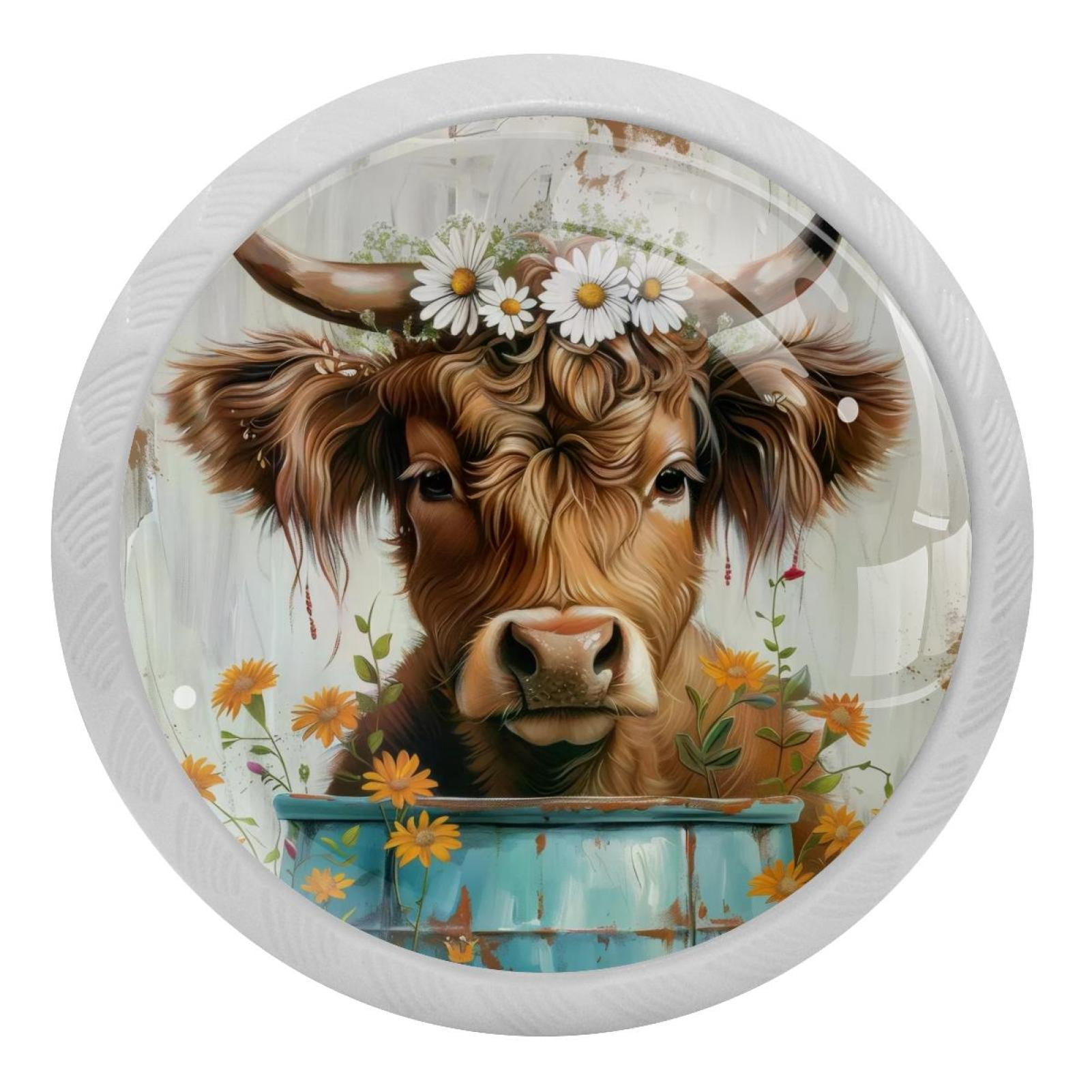 PhooArto Farmhouse Cow Calf Daisy Floral 4 PCS Crystal Glass Cabinet ...