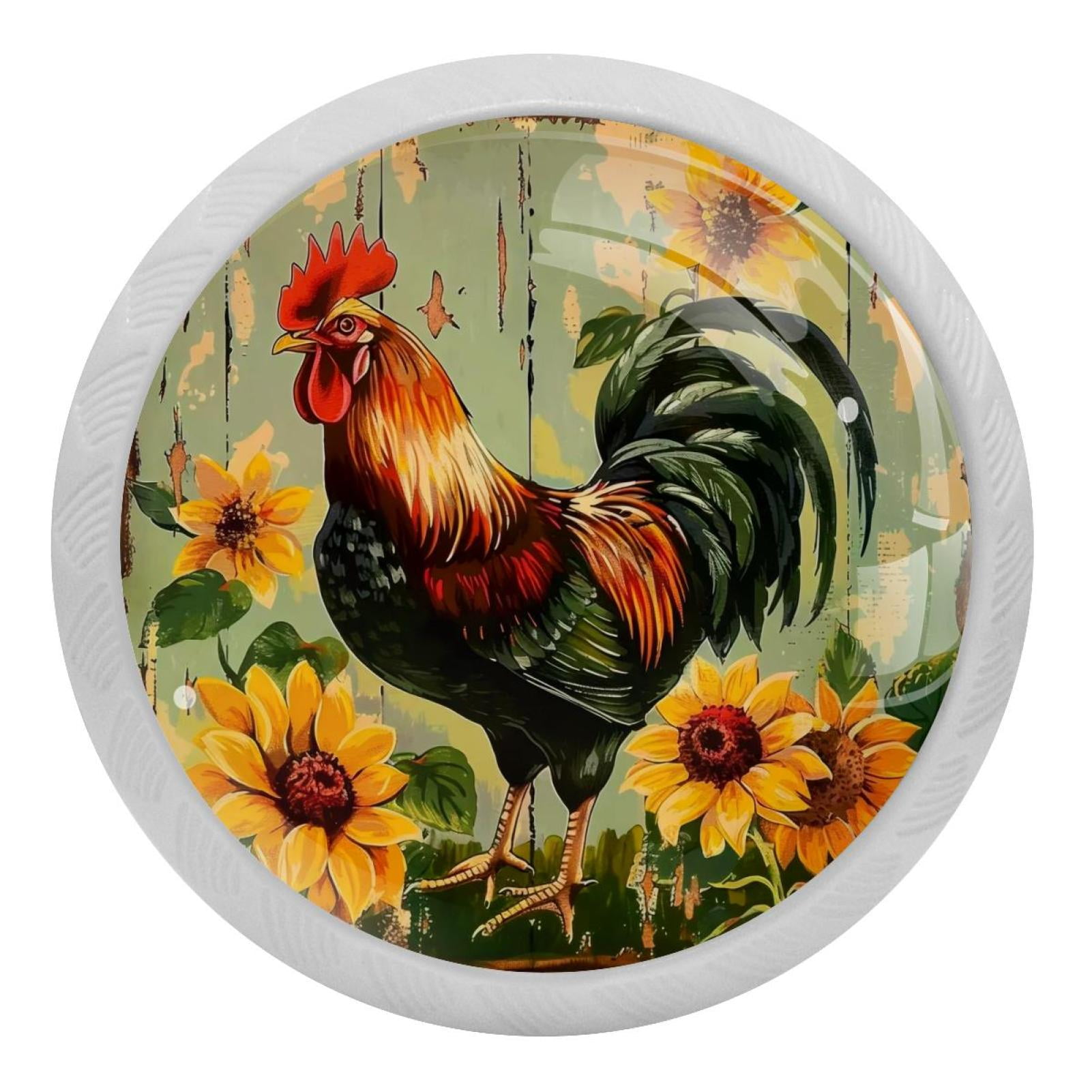 PhooArto Farmhouse Rooster Sunflowers on Rustic Wooden 4 PCS Crystal ...