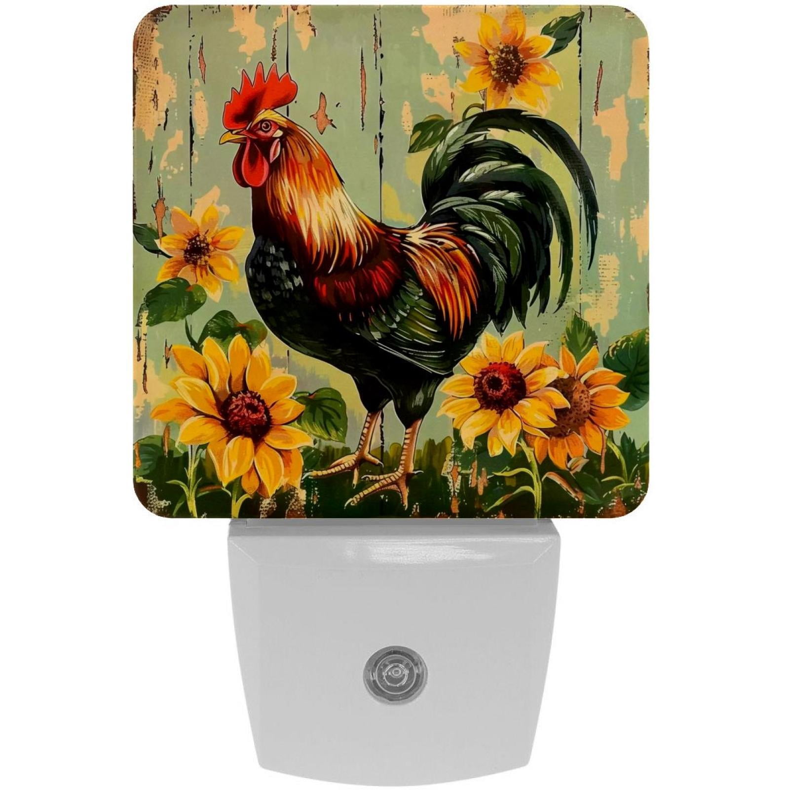 PhooArto Farmhouse Rooster Sunflowers on Rustic Wooden Plug in LED ...