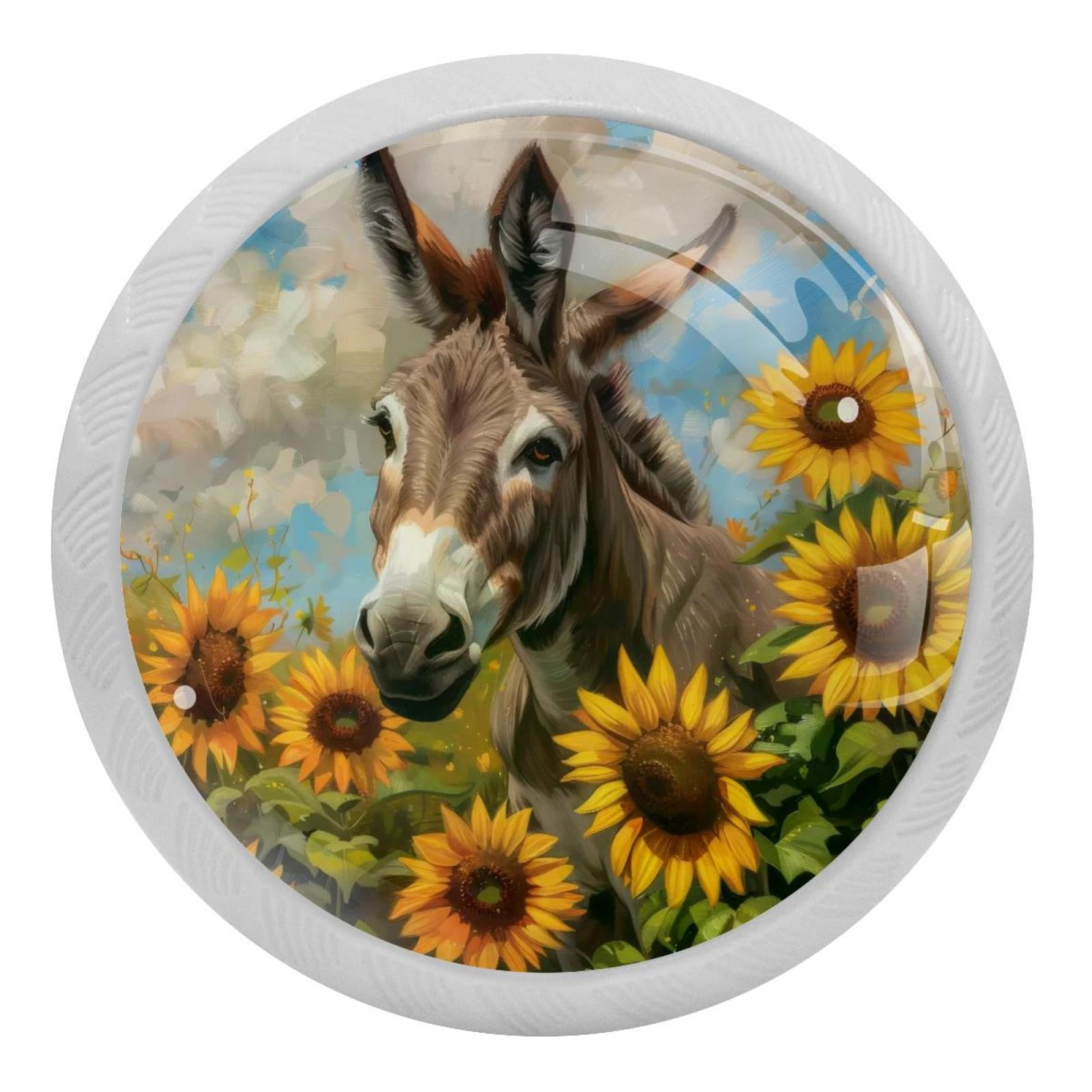 PhooArto Funny Donkey Sunflowers 4 PCS Crystal Glass Cabinet Knobs ...