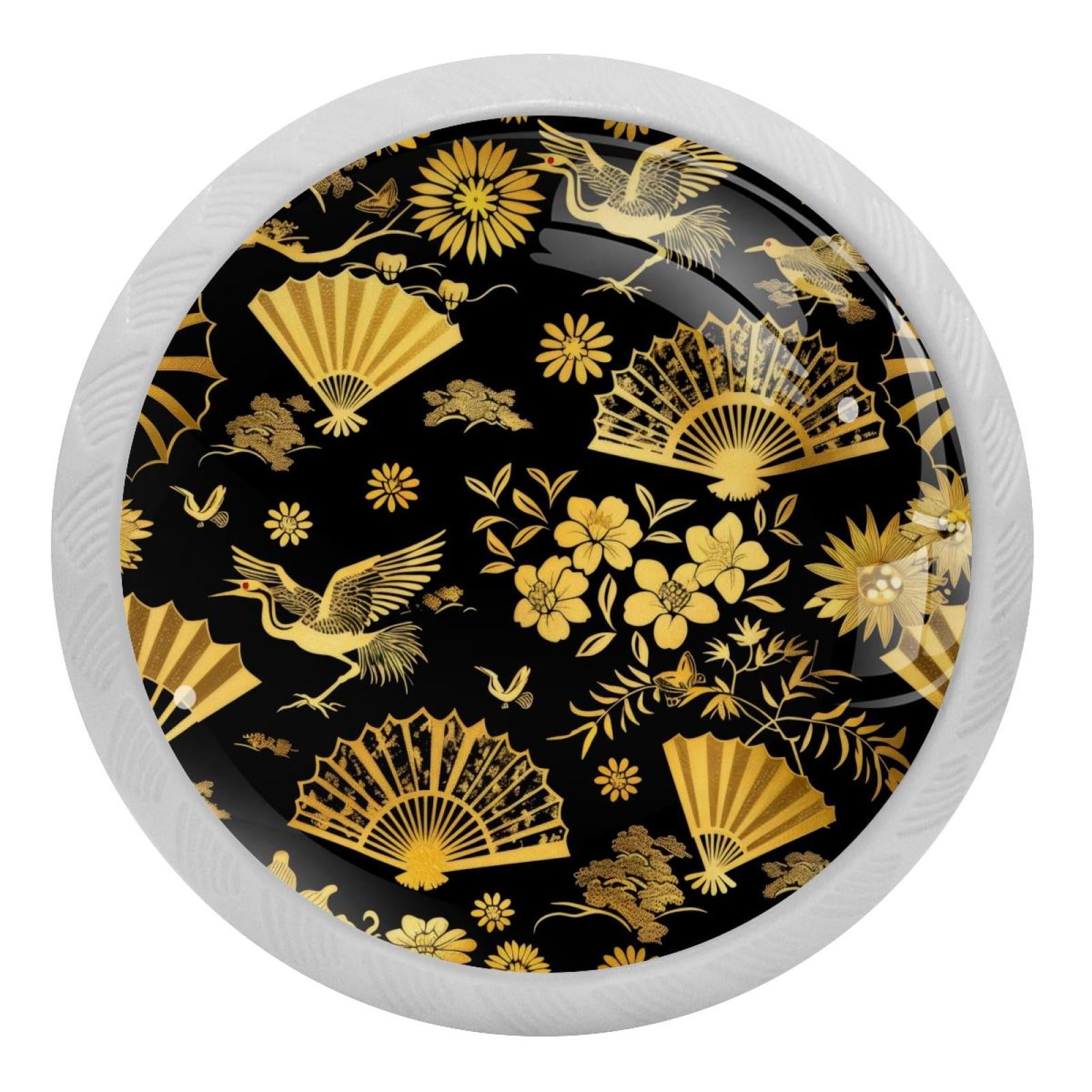 PhooArto Golden Crane Fan Flower Pattern 4 PCS Crystal Glass Cabinet ...