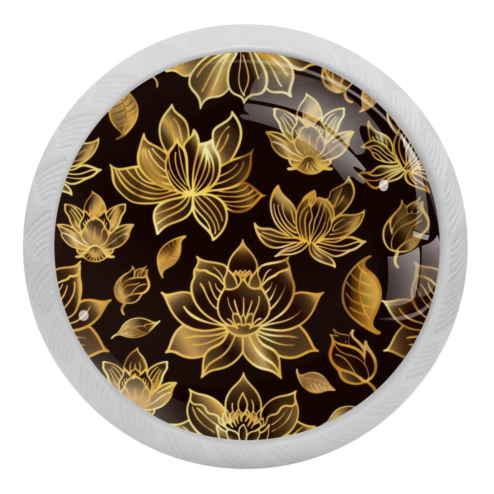 PhooArto Golden Lotus Flower Pattern 4 PCS Crystal Glass Cabinet Knobs ...