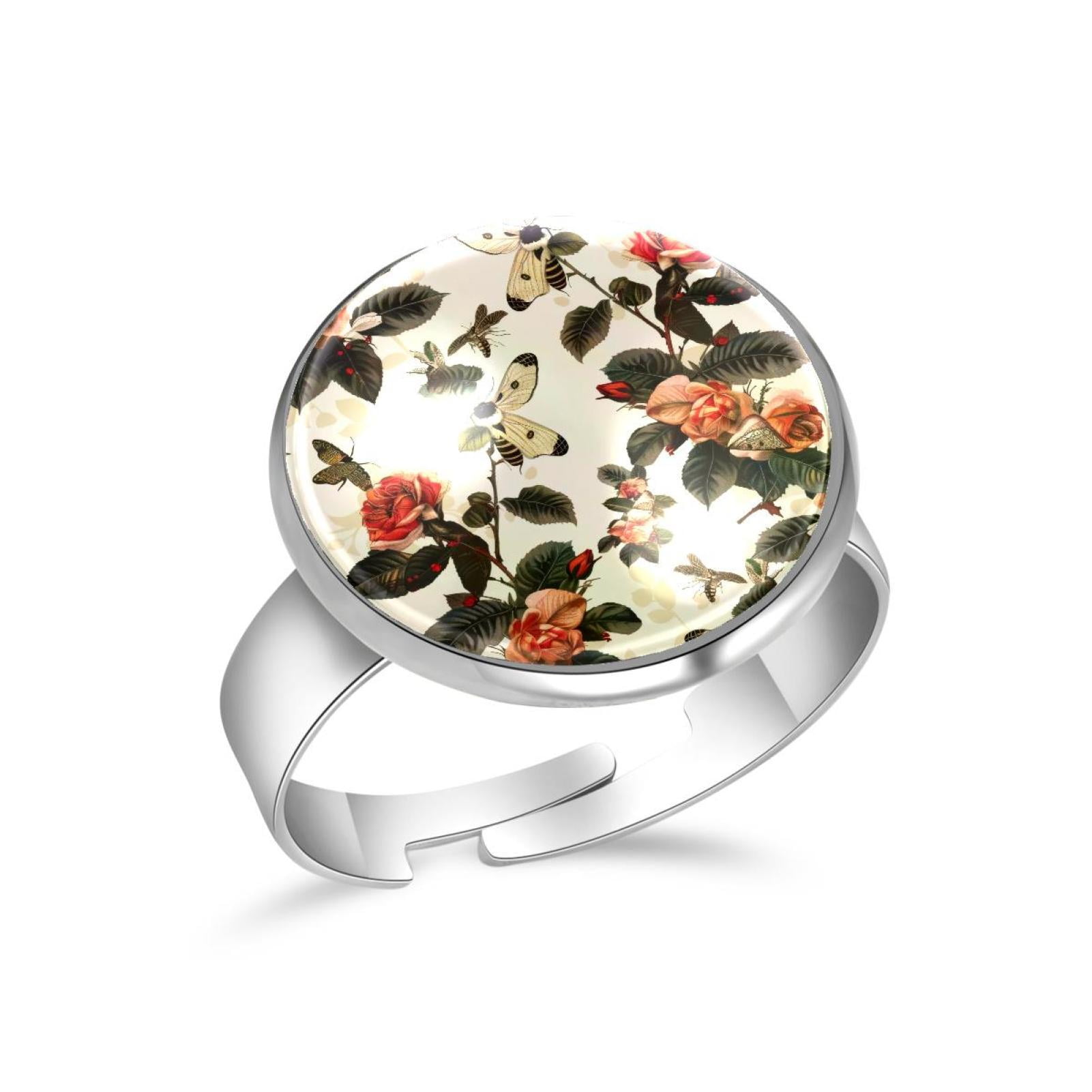 PhooArto Hawk Moth Rose Flower Patterns Stainless Steel Rings for Women ...