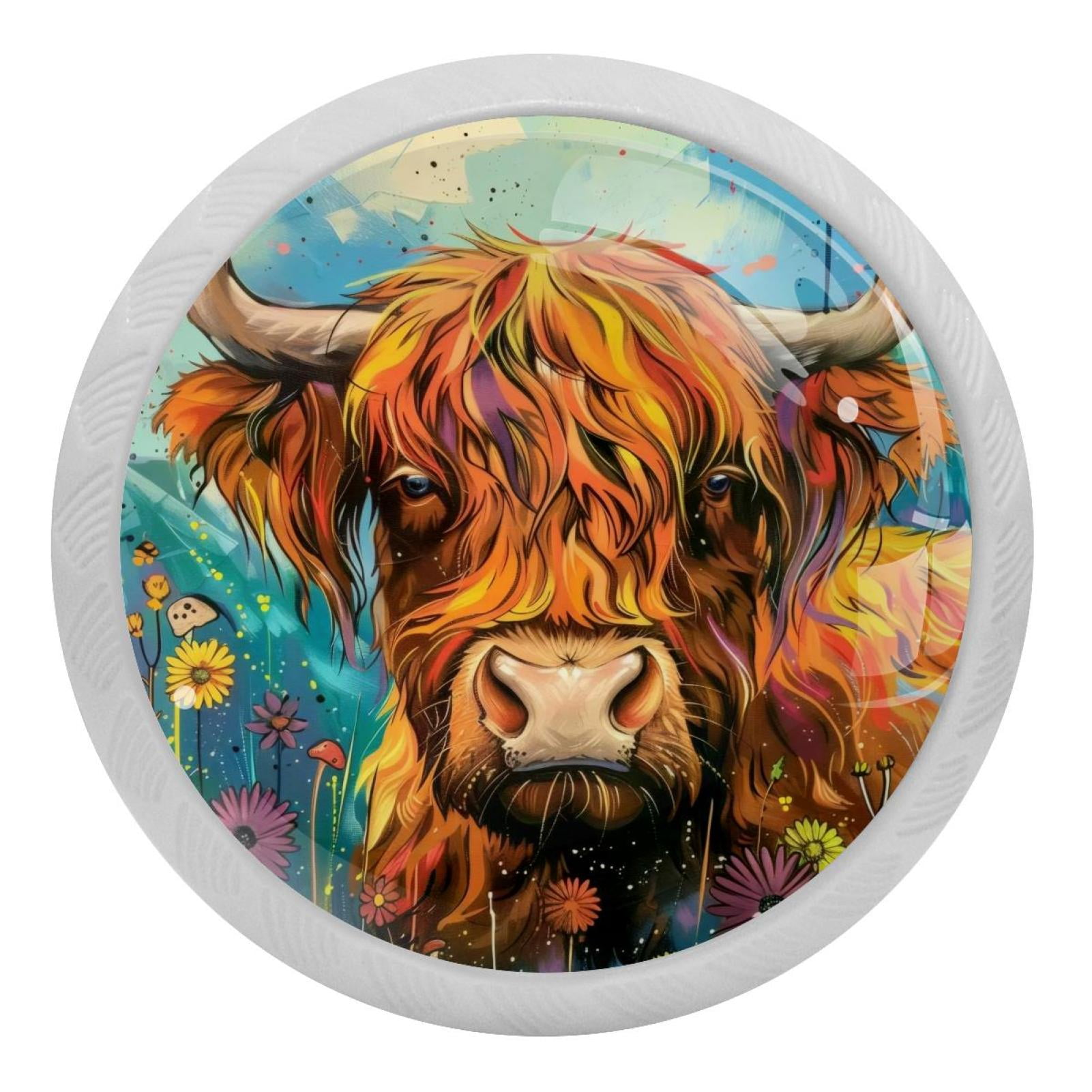 PhooArto Highland Cow Colorful Flowers 4 PCS Crystal Glass Cabinet ...