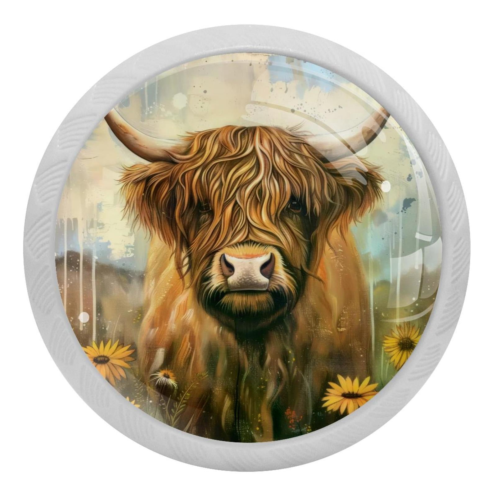 PhooArto Highland Cow Flowers 4 PCS Crystal Glass Cabinet Knobs, Drawer ...