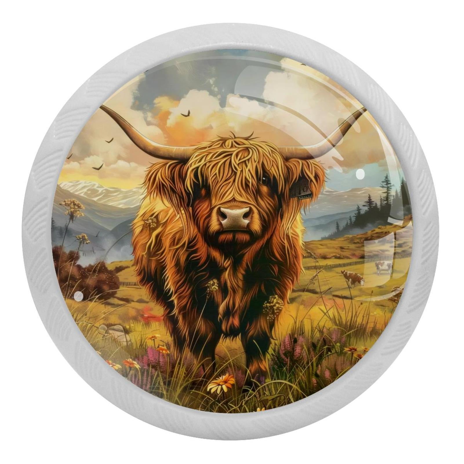 PhooArto Highland Cow Painting 4 PCS Crystal Glass Cabinet Knobs ...