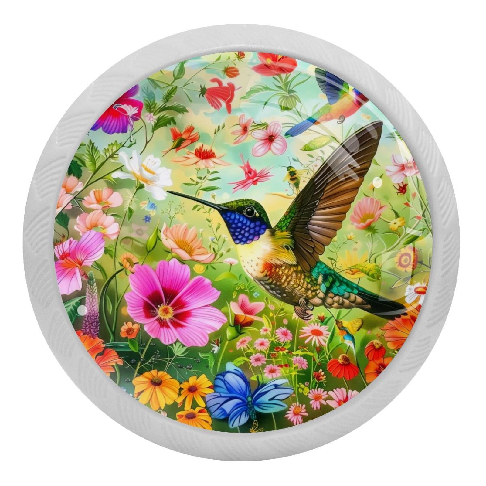 PhooArto Hummingbird Floral Painting 4 PCS Crystal Glass Cabinet Knobs ...