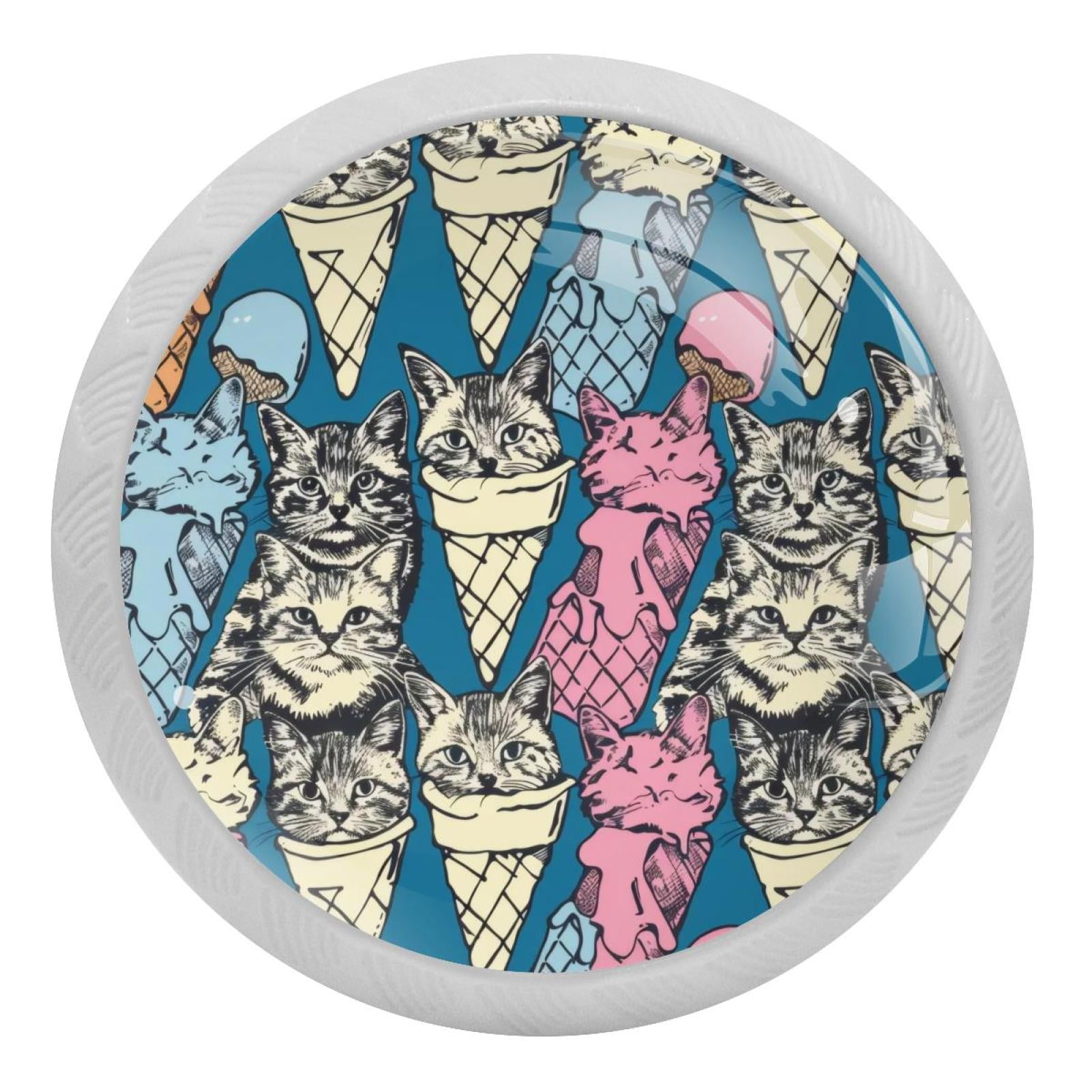 PhooArto Ice Cream Cat Pattern 4 PCS Crystal Glass Cabinet Knobs ...