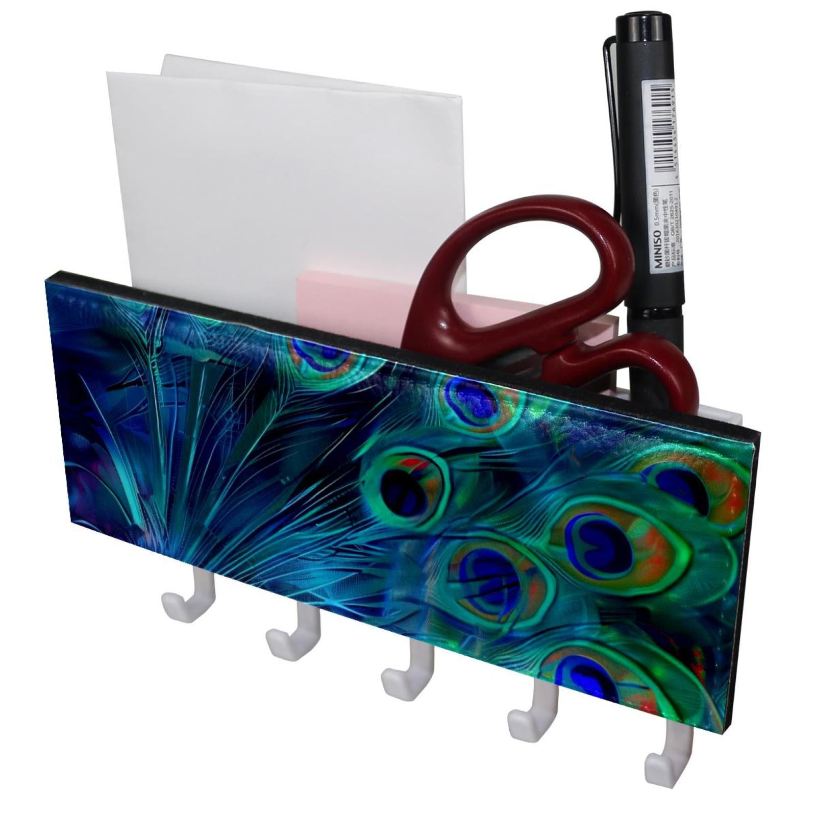 PhooArto Key Holder for Wall Decorative with 5 Key Hooks, Blue Peacock ...