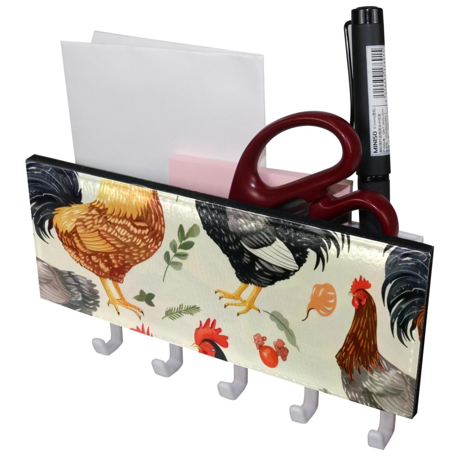 PhooArto Key Holder for Wall Decorative with 5 Key Hooks, Roosters Hens Chicken Pattern Holders ...