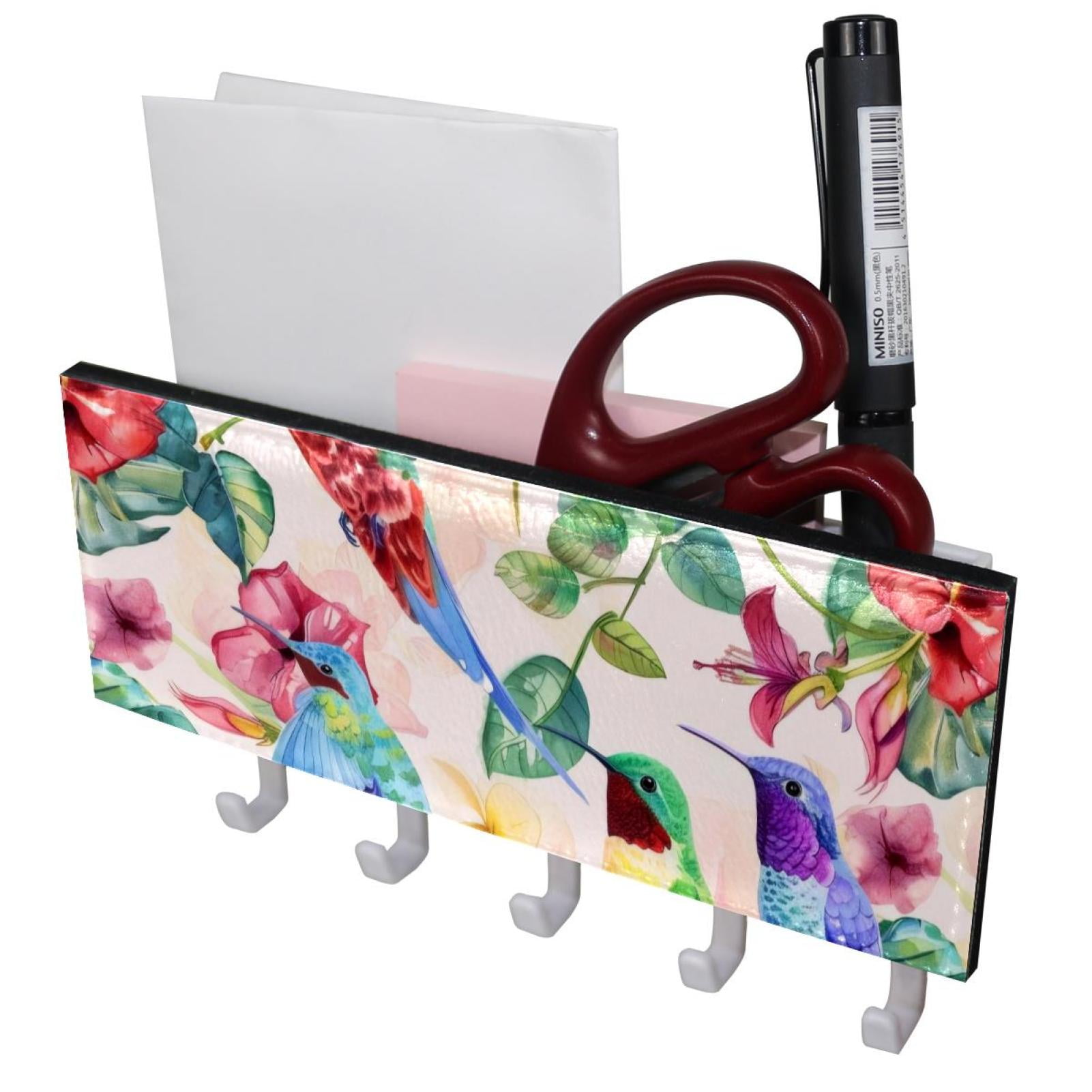 PhooArto Key Holder for Wall Decorative with 5 Key Hooks, Watercolor Flowers Bird Pattern ...