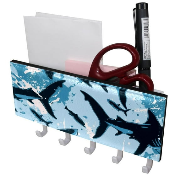 PhooArto Key Holder for Wall Decorative with 5 Key Hooks, Blue Sharks ...