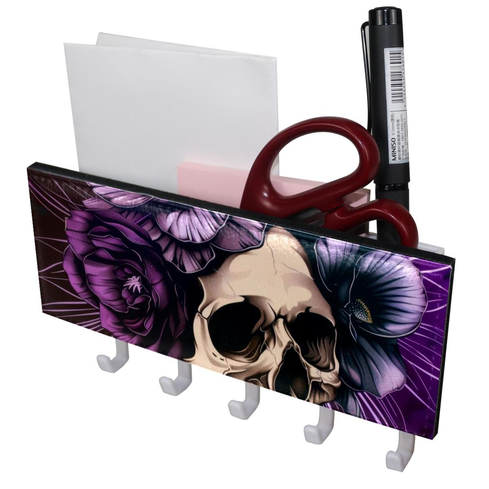 PhooArto Key Holder for Wall Decorative with 5 Key Hooks, Purple Skull Flower Print Holders Wall ...