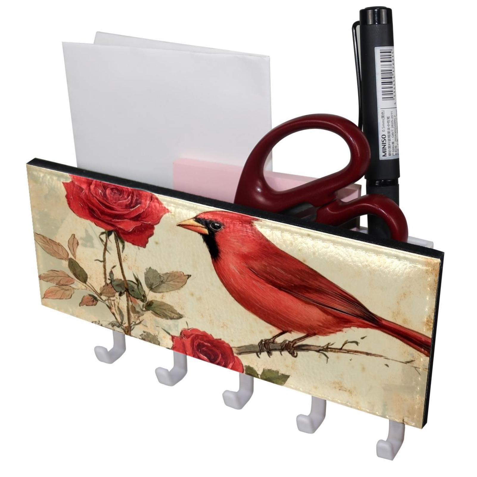 PhooArto Key Holder for Wall Decorative with 5 Key Hooks, Red Bird Rose ...