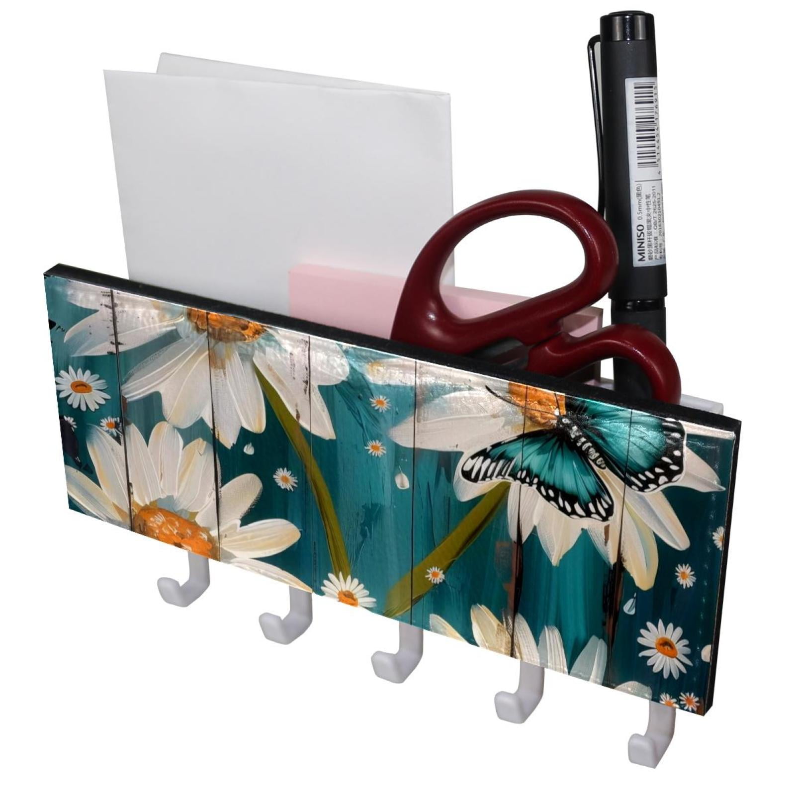PhooArto Key Holder for Wall Decorative with 5 Key Hooks, Teal Daisy ...