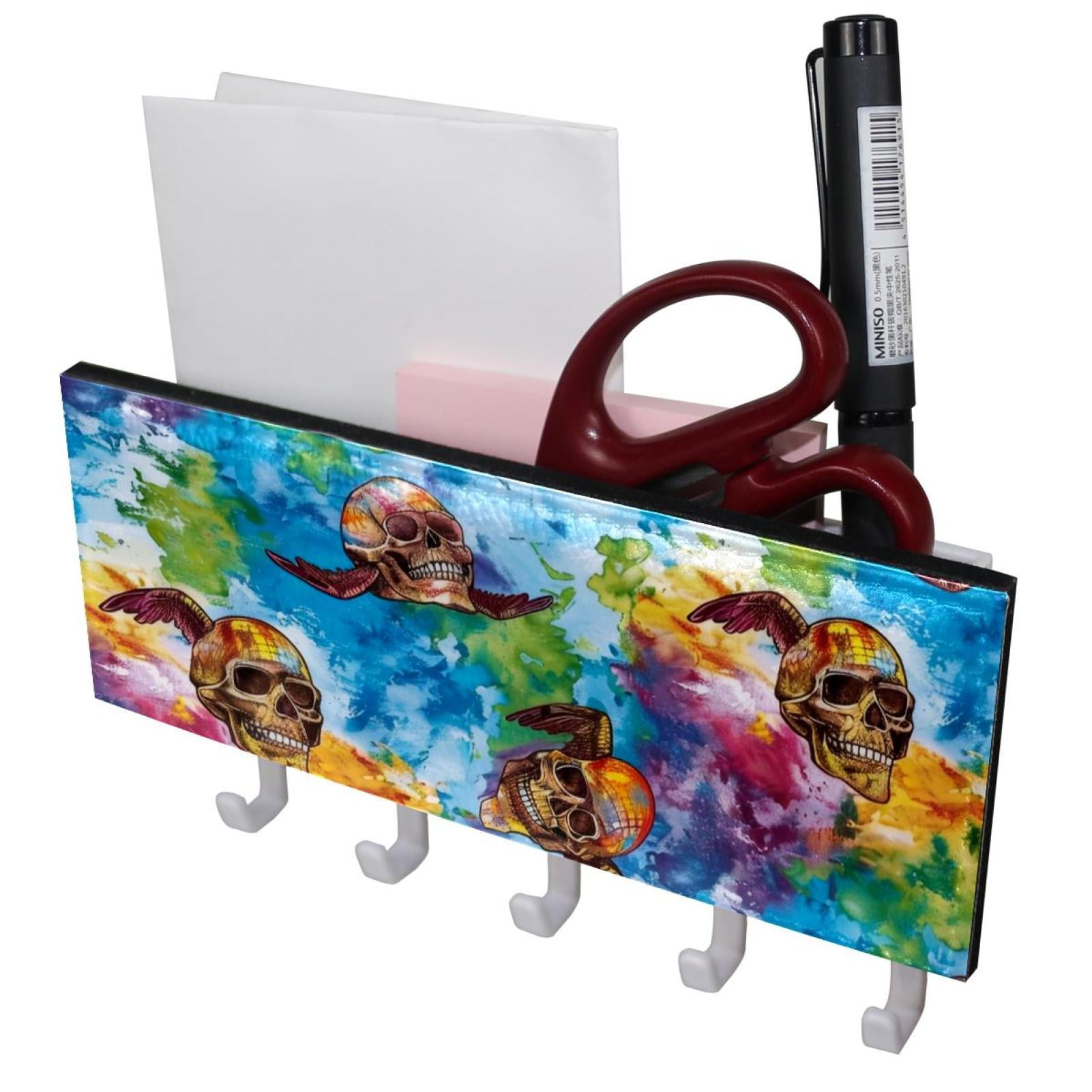 PhooArto Key Holder for Wall Decorative with 5 Key Hooks, Tie Dye Skull Wings Pattern Holders ...