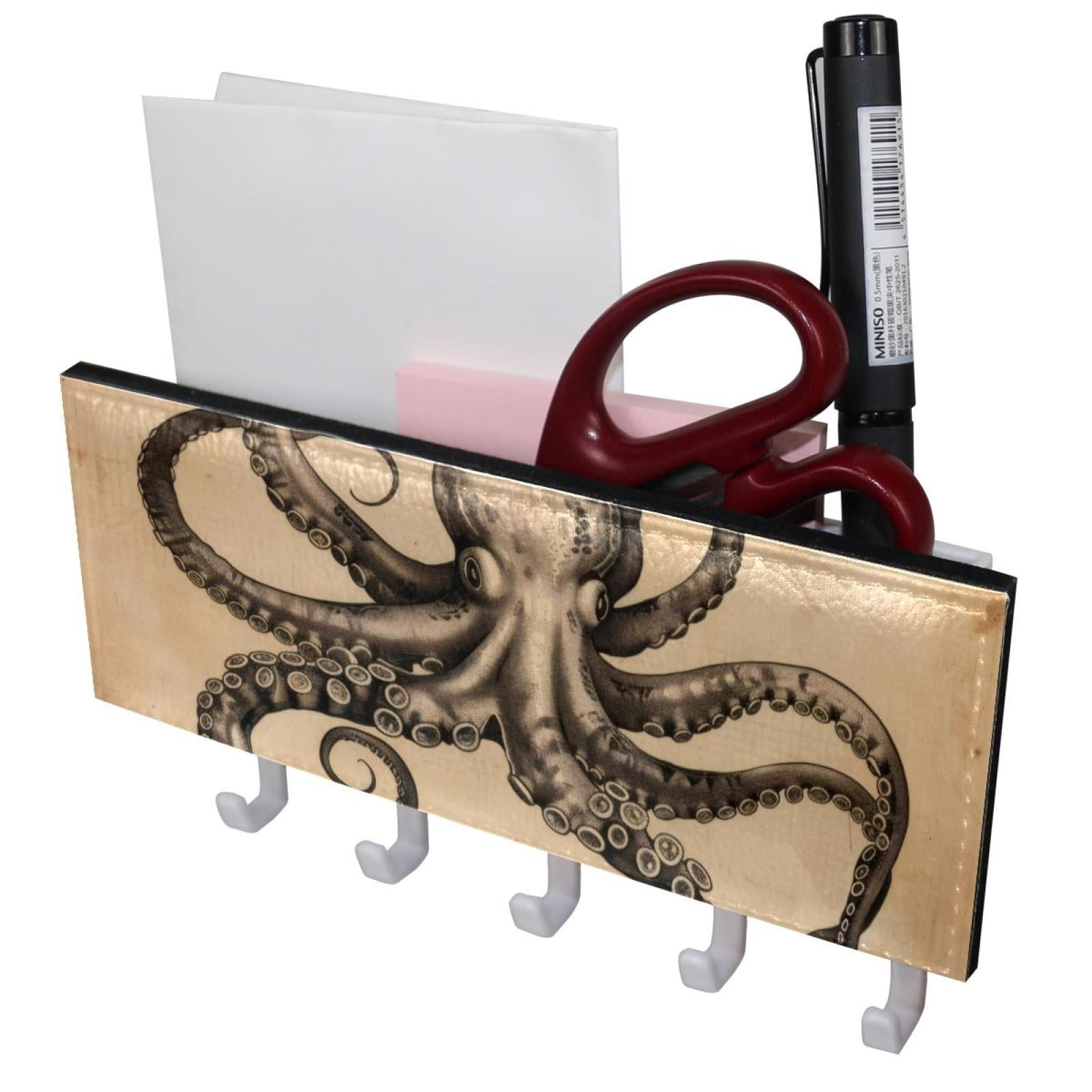 PhooArto Key Holder for Wall Decorative with 5 Key Hooks, Vintage Octopus Print Holders Wall ...