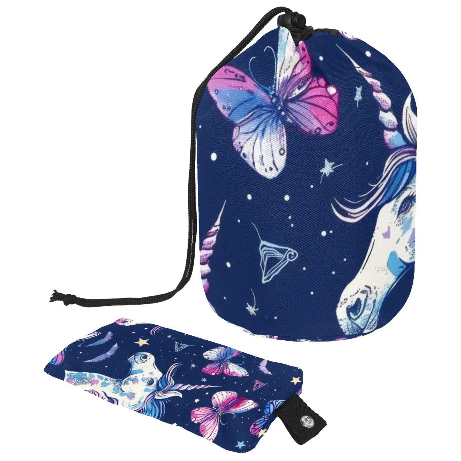 PhooArto Large Barrel Drawstring Makeup Bag, Butterflies Unicorn Patterns Travel Cosmetic Bag ...