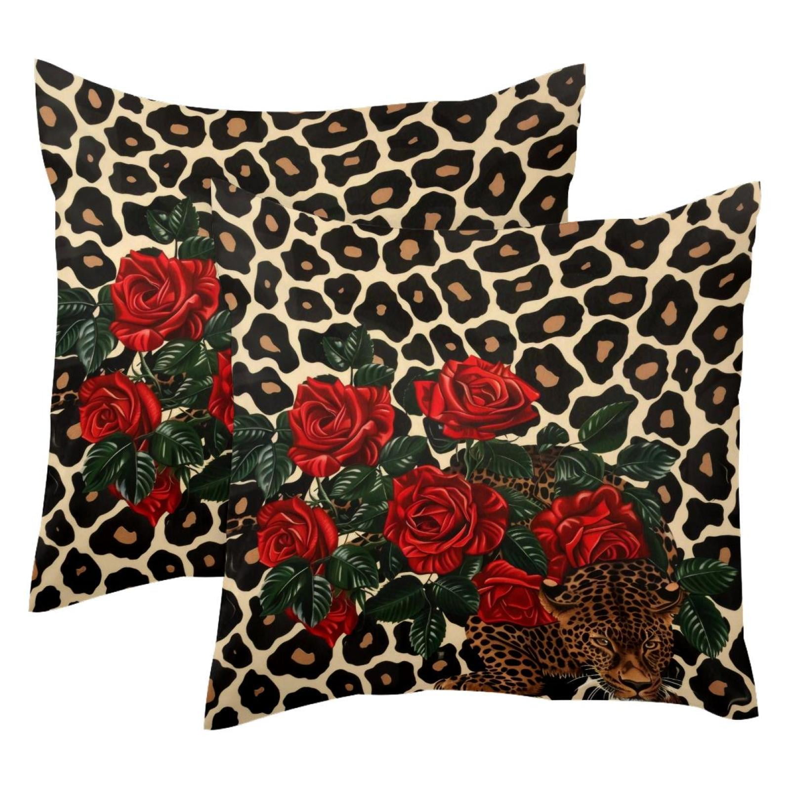 PhooArto Leopard Print Red Roses Set of 2 Throw Pillow Covers Cases ...