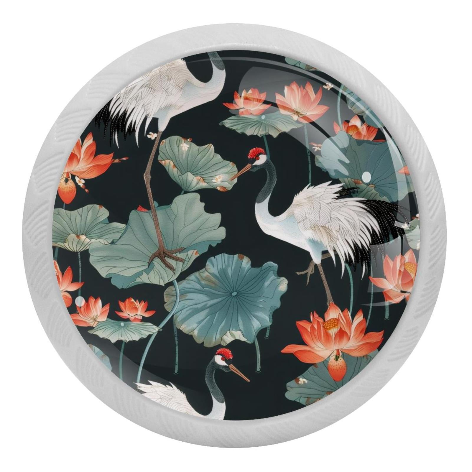PhooArto Lotuses and Cranes Pattern 4 PCS Crystal Glass Cabinet Knobs ...