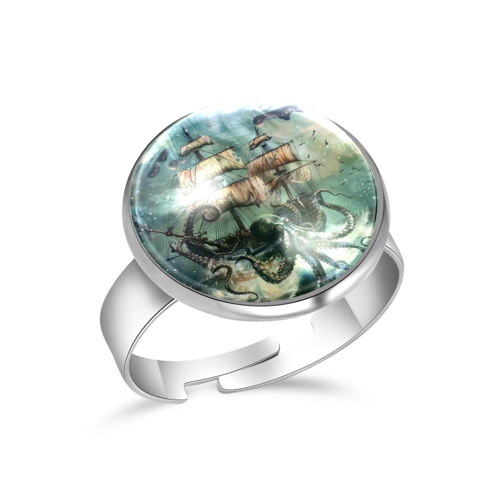 PhooArto Ocean Octopus and Nautical Ship Stainless Steel Rings for ...