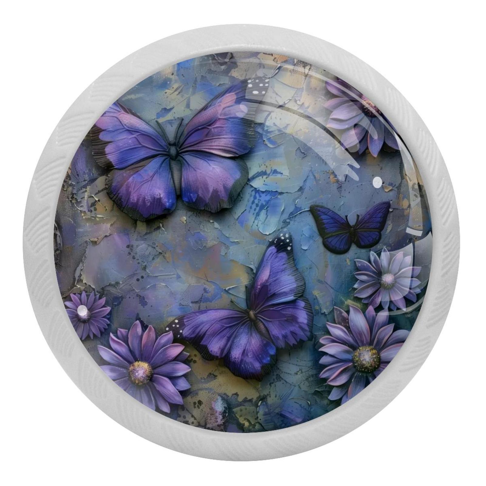 PhooArto Purple Daisy Butterflies 4 PCS Crystal Glass Cabinet Knobs ...