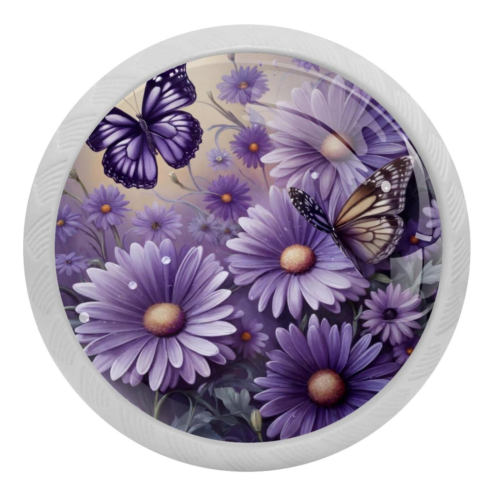 PhooArto Purple Daisy Floral Butterfly 4 PCS Crystal Glass Cabinet ...