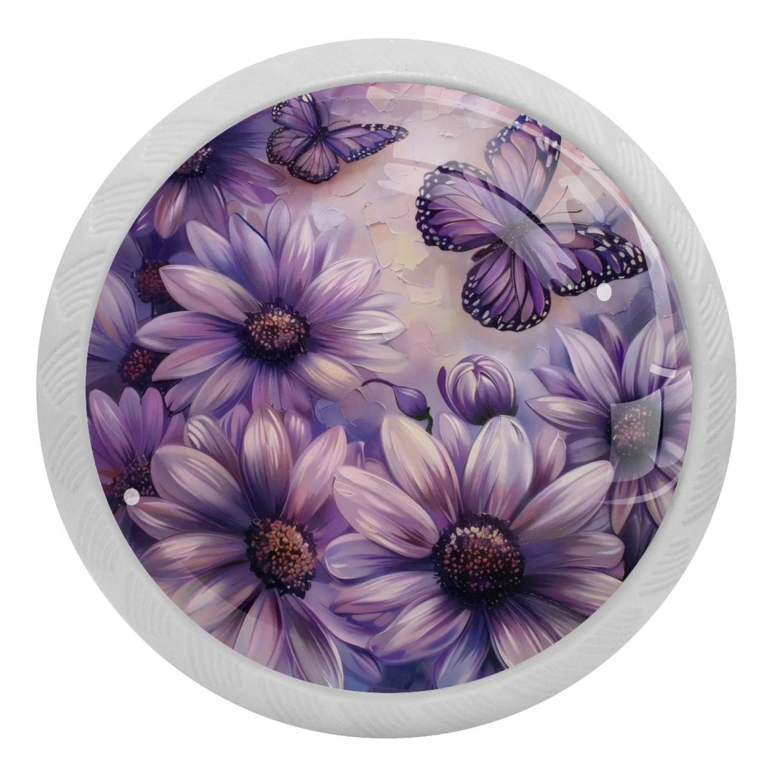 PhooArto Purple Daisy Flower Butterfly 4 PCS Crystal Glass Cabinet ...