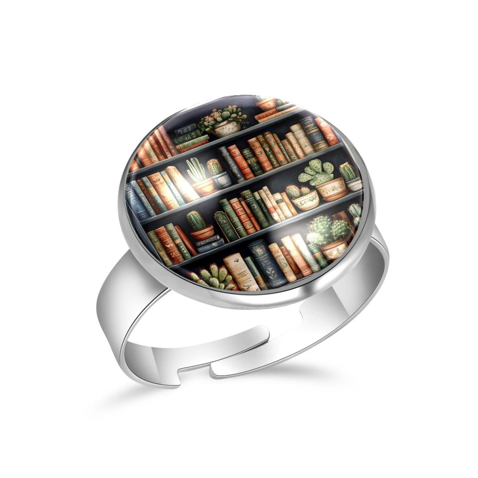 PhooArto Retro Bookshelf Cactus Patterns Stainless Steel Rings for ...