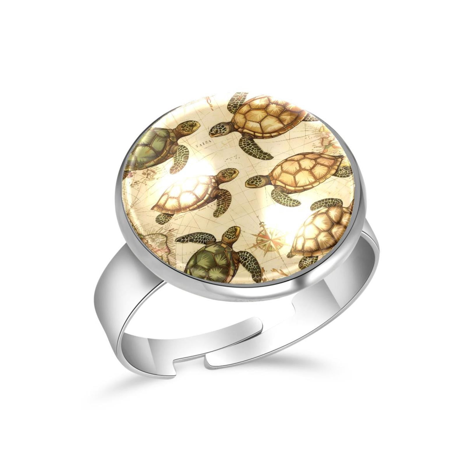 PhooArto Retro Map Sea Turtles Pattern Stainless Steel Rings for Women ...