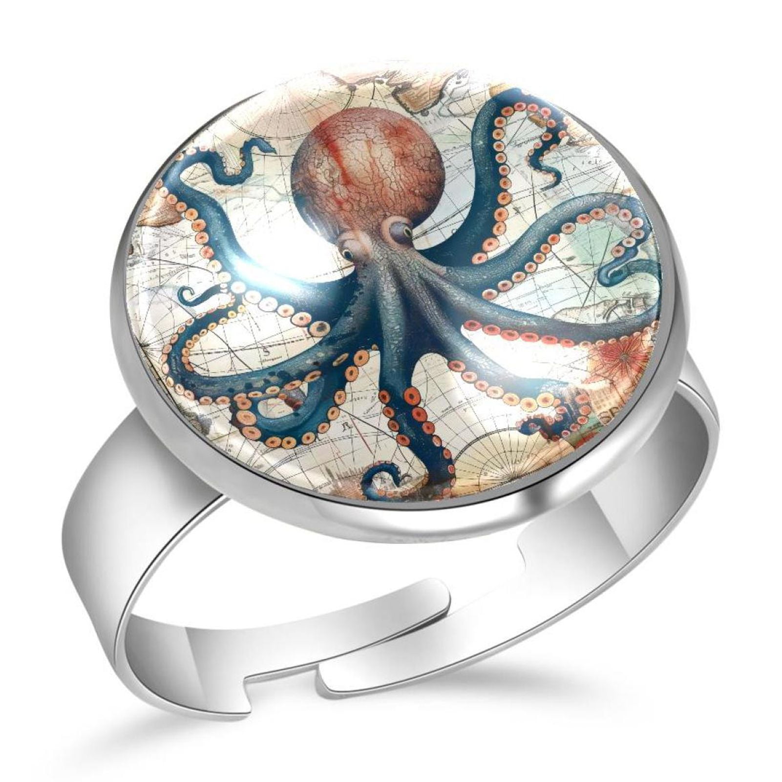 PhooArto Retro Map and Octopus Stainless Steel Rings for Women, Open ...