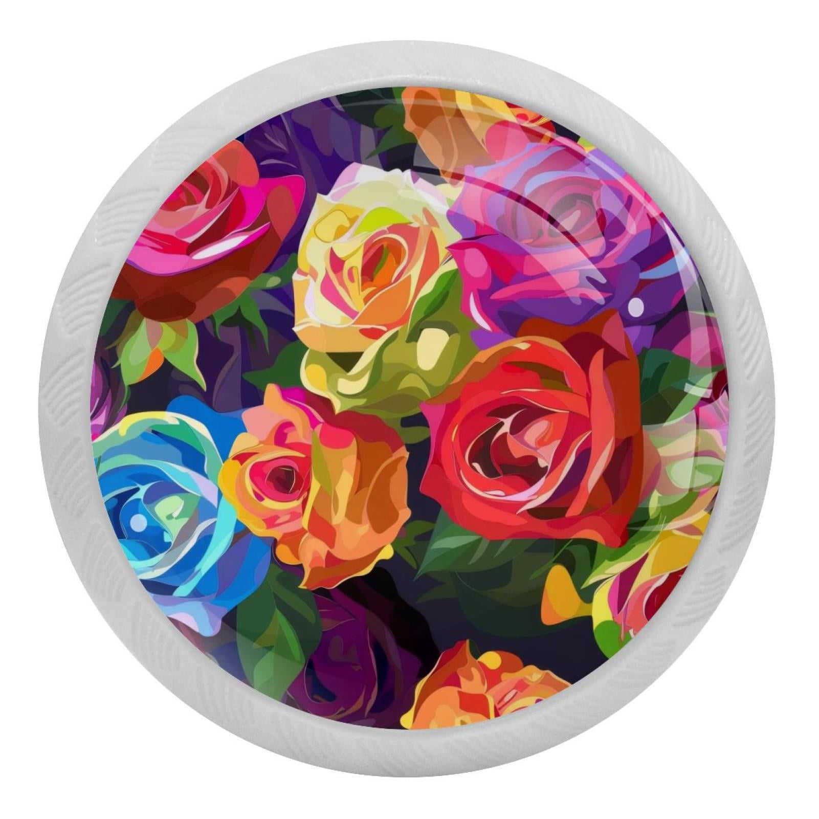 PhooArto Rose Flower Colorful Pattern 4 PCS Crystal Glass Cabinet Knobs ...