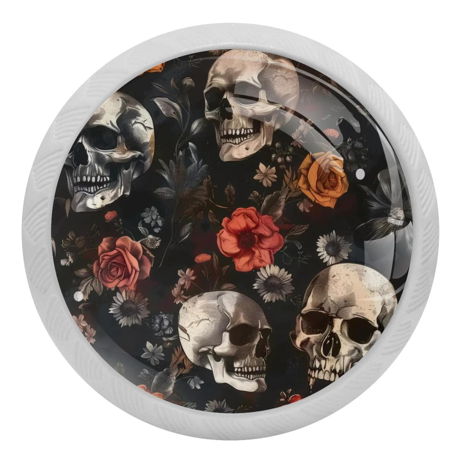 PhooArto Skull Red Flowers 4 PCS Crystal Glass Cabinet Knobs, Drawer ...