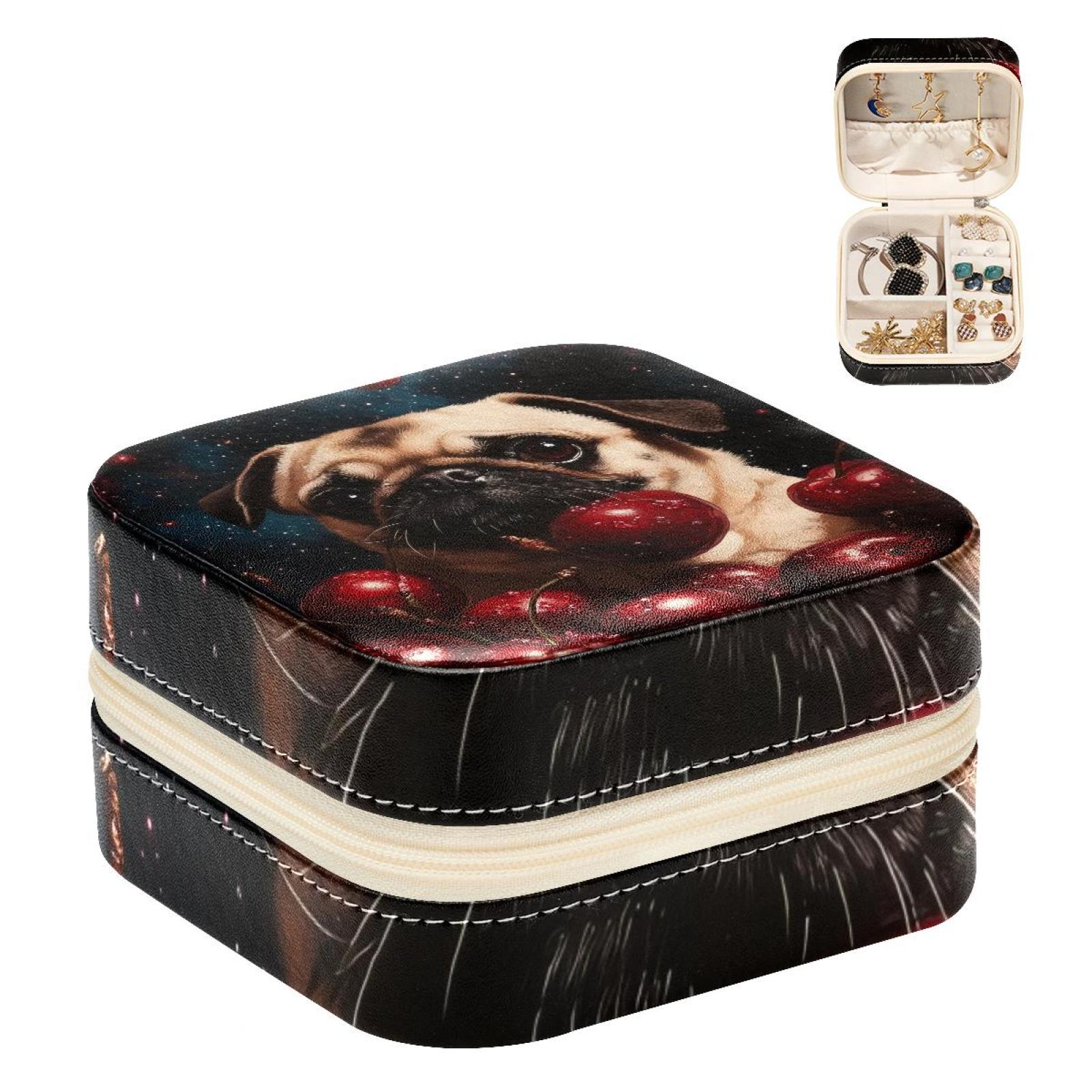 PhooArto Small Jewellery Box, Pug Dog Cherries Galaxy Portable Travel ...